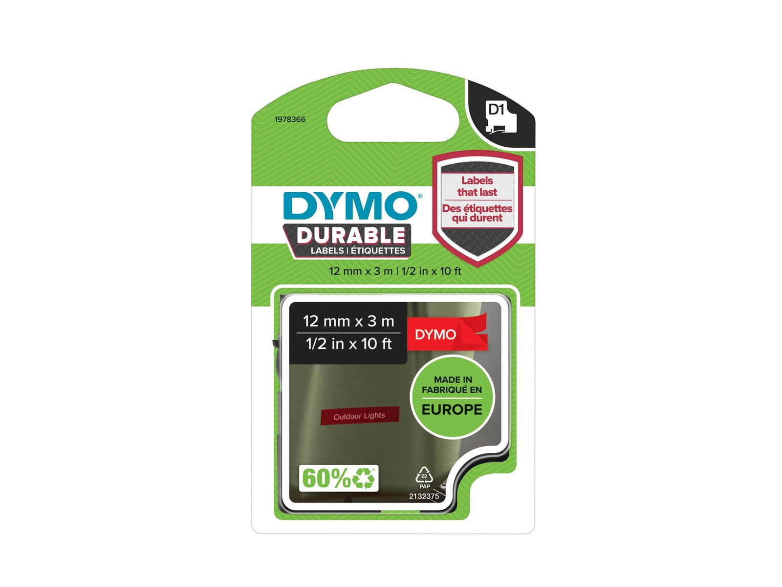 DYMO D1® Durable tape | hvid på rød | 12 mm x 3m | Billig