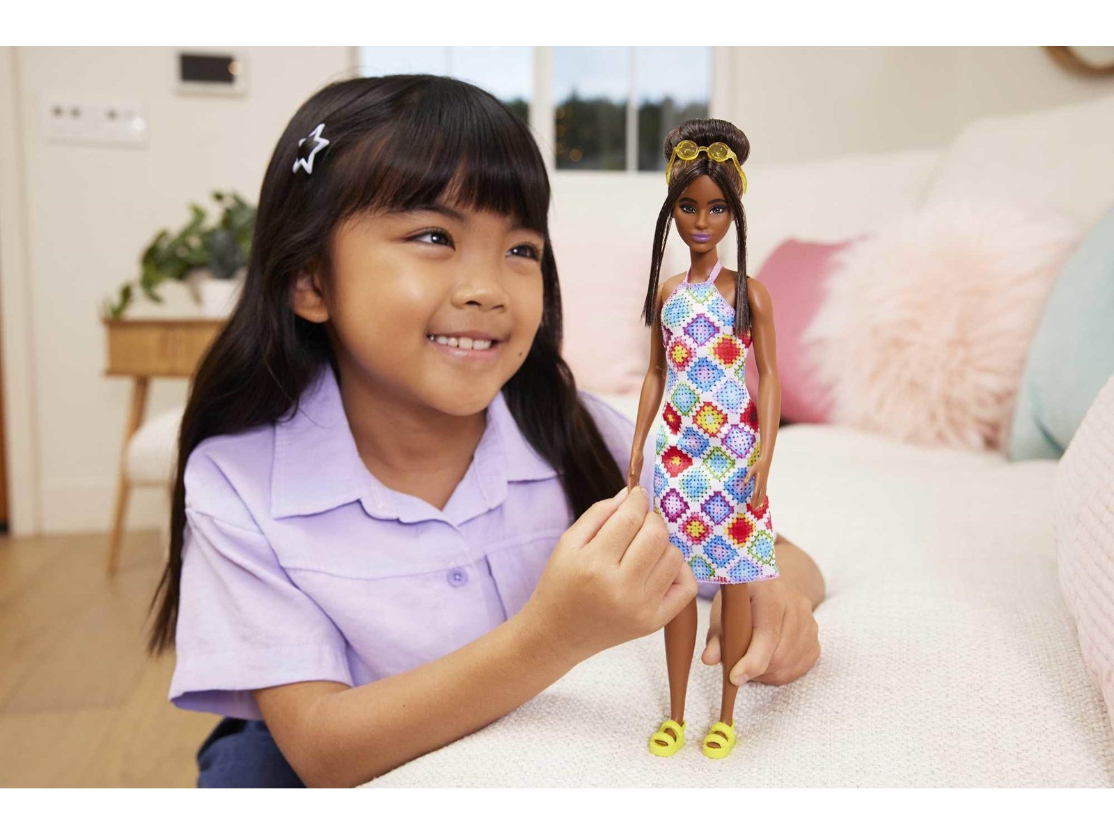 Barbie Fashionistas Doll #210 With Bun And Crochet Halter Dress 30cm