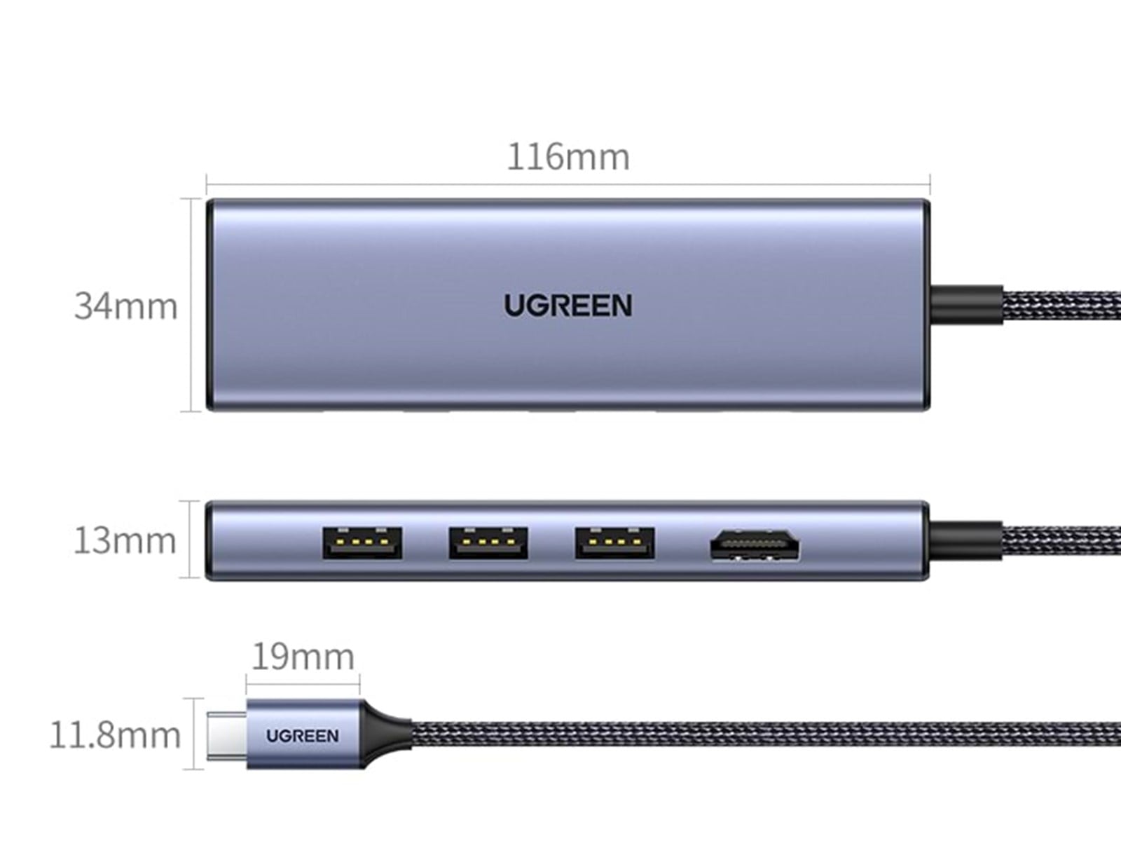 UGREEN Usb-C Multifunction Adapter USB hub - 3 ports - Sølv | På lager