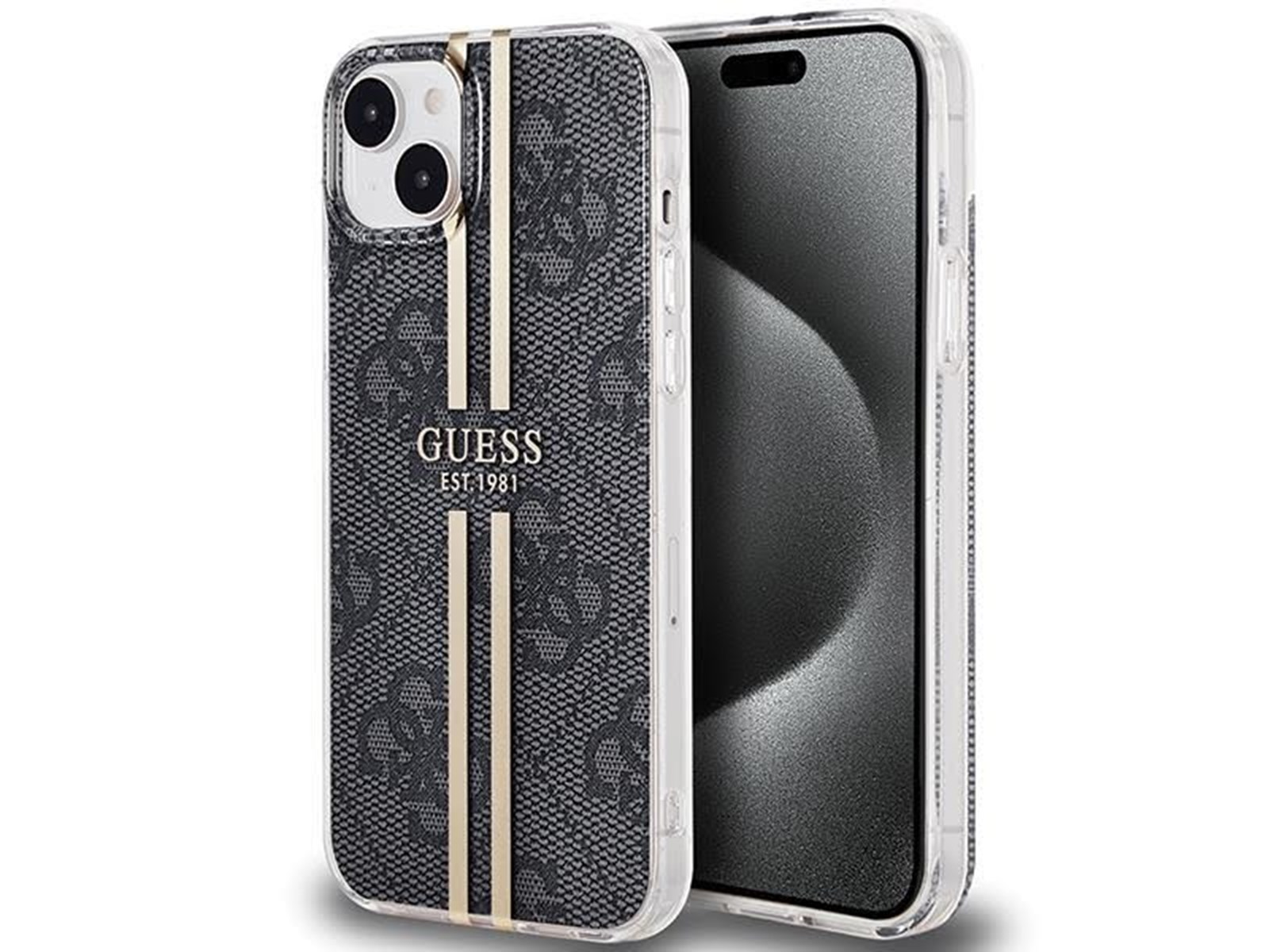 GUESS IML 4G Gold Stripe case for iPhone 15 Plus / 14 Plus - black
