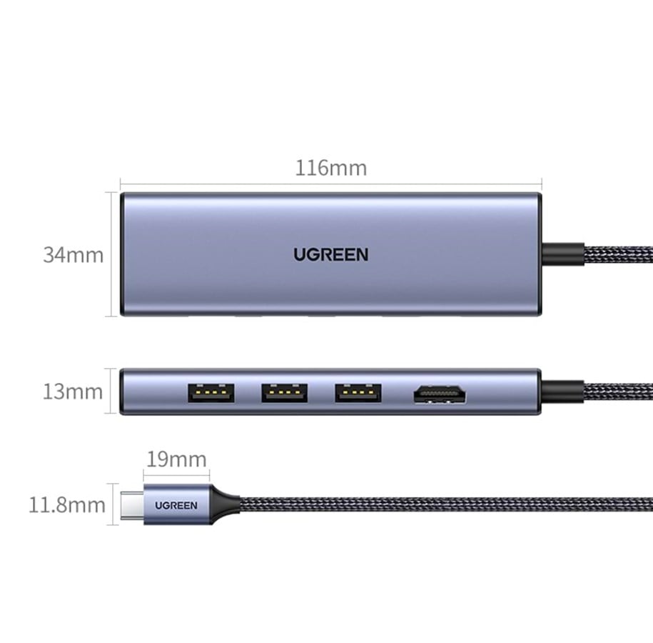 UGREEN Usb-C Multifunction Adapter USB hub - 3 ports - Sølv | På lager